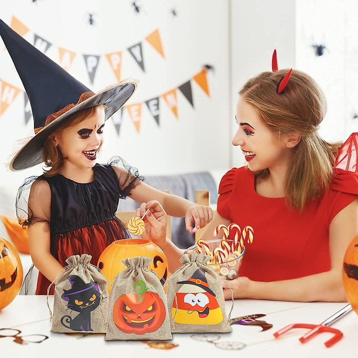 DERAYEE Halloween Burlap Treat Bags with Drawstrings, 6"x 8" Gift Candy Bags Goodie Bag for trick or treat Kids Halloween Party Favor 18Pcs