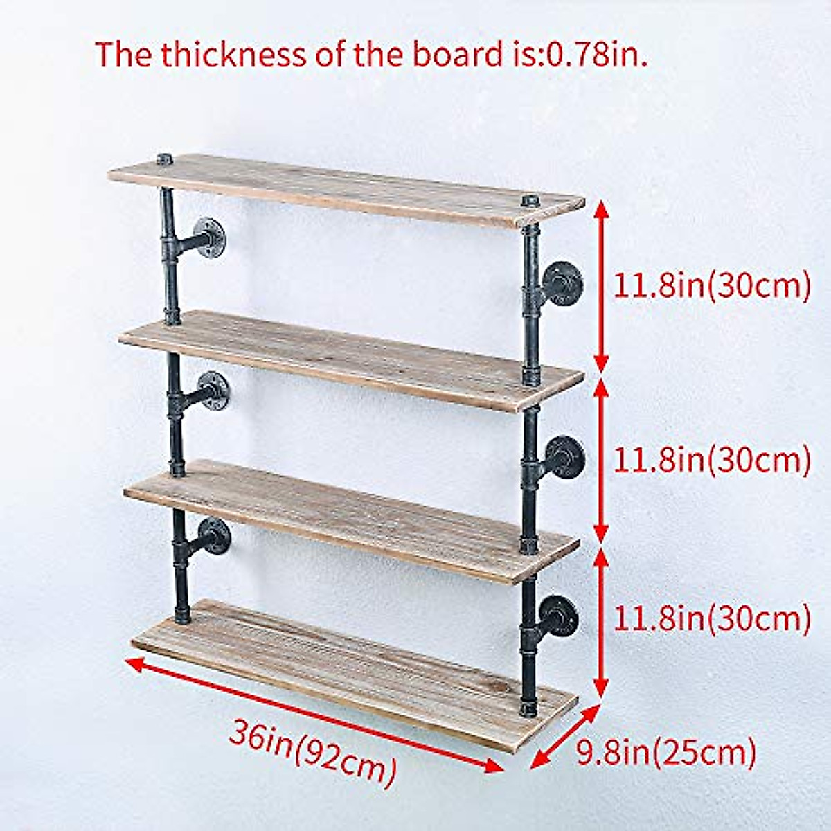 GWH Industrial Pipe Shelf Wall Mounted,Steampunk Real Wood Book Shelves,4 Tier Rustic Metal Floating Shelves,Wall Shelving Unit Bookshelf Hanging Wall Shelves,Farmhouse Kitchen Bar Shelving(36in)
