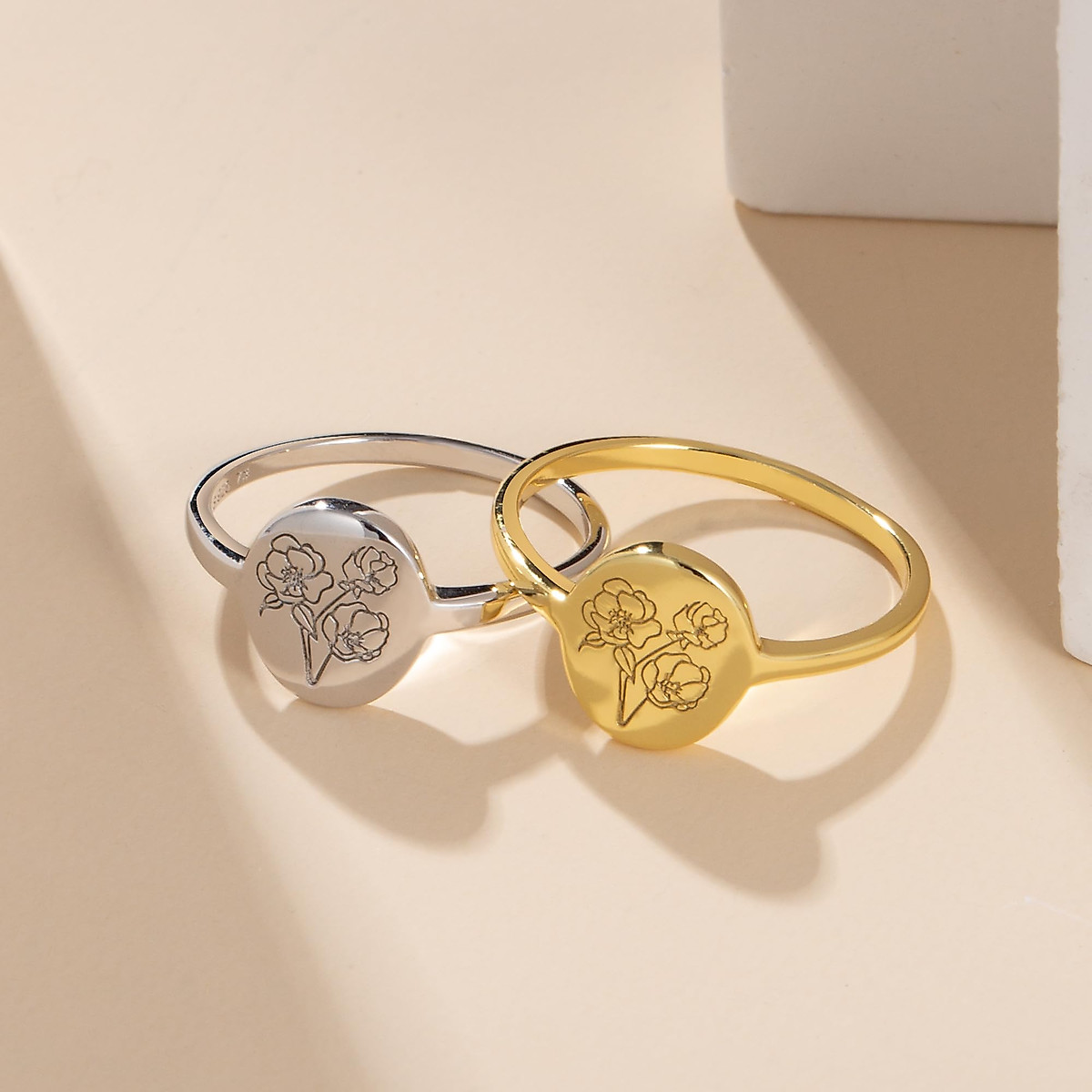 YeGieonr Gold Rings for Women Non Tarnish Signet Ring, 925 Sterling Silver Rings, Dainty Flat Gold Flower Ring