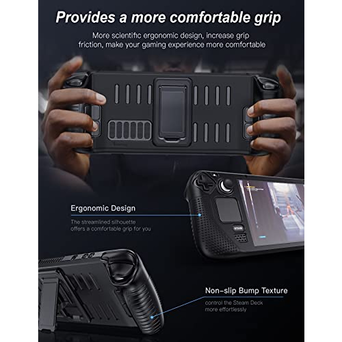 Benazcap Silicone Case for Steam Deck, Soft Full Body Protective Case with Stand, Shockproof, Non-Slip and Anti-Collision Accessories, Compatible with Valve Steam Deck Console, Black