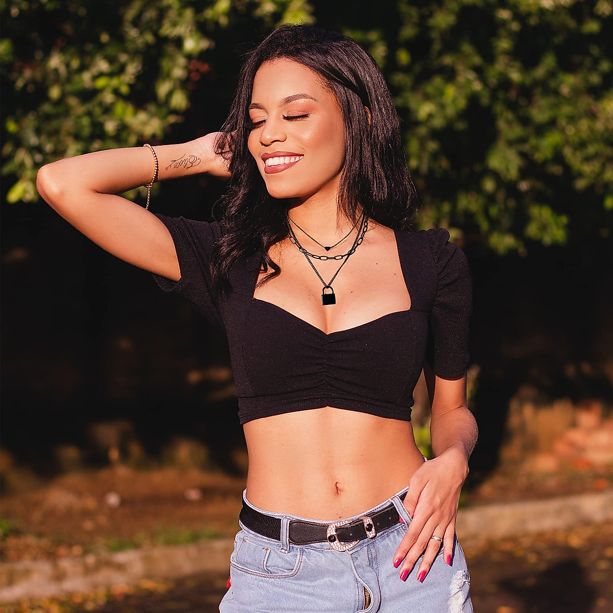 Inactwin Stacked Necklaces for Women Black Lock Chains Heart Grunge Layered Necklace Aesthetic Pendant Multilayer Choker