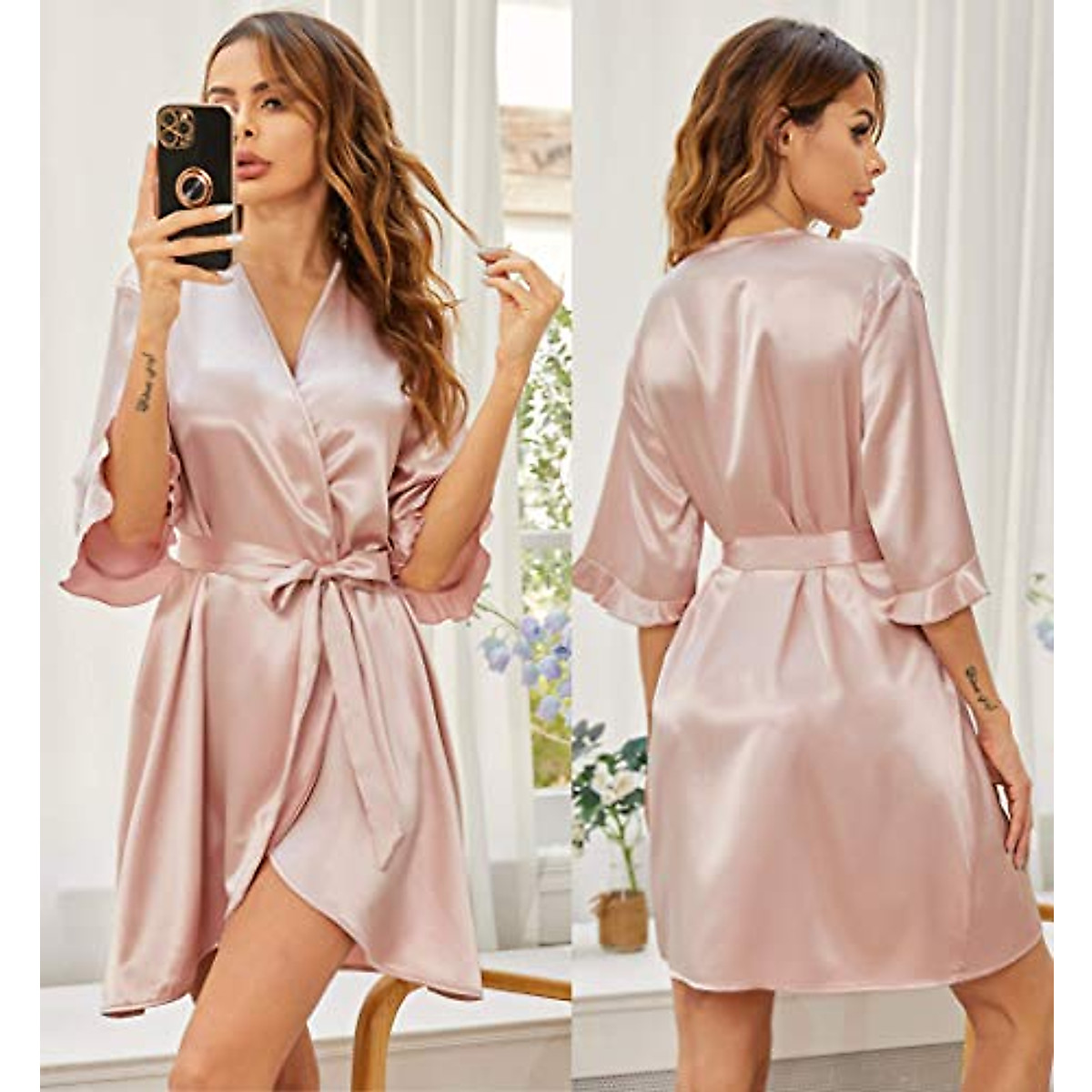 Ekouaer Women's Short Stain Robe Kimono Bathrobe Silk Soft Robe with V-Neck Short Silky Kimono XLarge