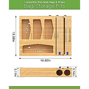 Uamector 6 In 1 Foil and Plastic Wrap Organizer, Ziplock Bag Organizer for Kitchen Drawer, Plastic Wrap Dispenser with Cutter, Bamboo Bag Storage Organizer for Gallon, Quart, Sandwich