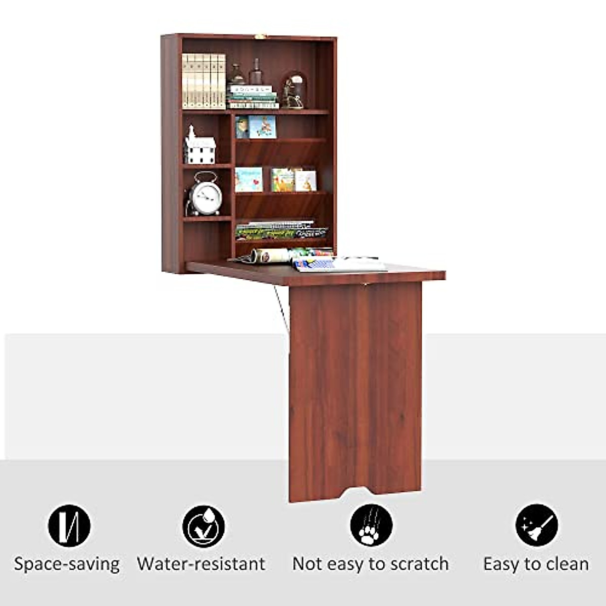 HOMCOM Compact Fold Out Wall Mounted Convertible Desk with Storage, Mahogany
