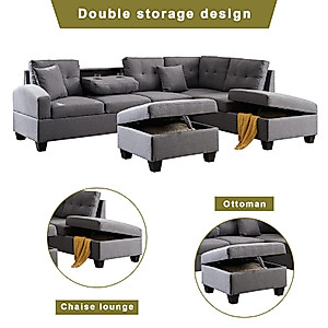 Unovivy Large Sectional Couches for Living Room, 109" L Shaped Upholstered Sofa with Chaise, Ottoman and Cup Holders, 3-Piece Fabric Furniture Sets, Suitable Space & Apartment, Light Gray