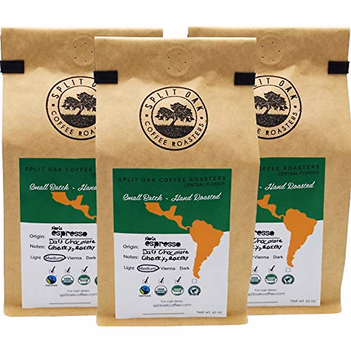 3 PACK of Perfect Espresso Blend Whole Beans. Africa, Indonesia and South America best Beans. Balanced mind blowing Nona Espresso, Cherry and Earthy Notes, Dark Chocolate, Caramel, Creamy and Walnut taste. Try Split Oak Coffee Roasters!