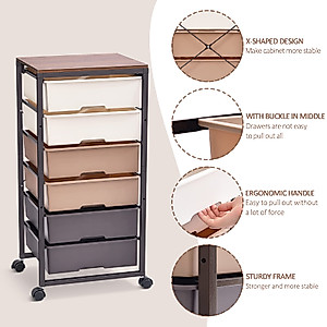 TOOLF Rolling Storage Cart with 6 Drawers,Utility Cart with Drawers and Wooden Tabletop,Storage Dresser for Bedroom,Tall Nightstand for Dorm with Large Capacity,Brown