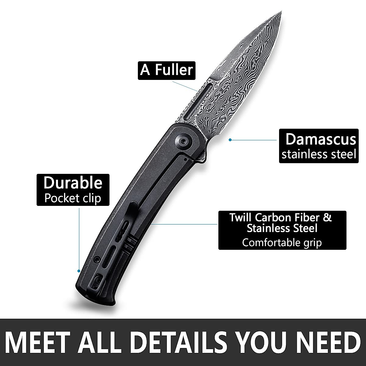 CIVIVI Cetos Folding Knife, 3.48-in Damascus Blade Spear Point with Twill Carbon Fiber Scale Flipper Knife Frame Lock, Pocket EDC Outdoor Knives for Camping, Hiking, Hunting C21025B-DS1