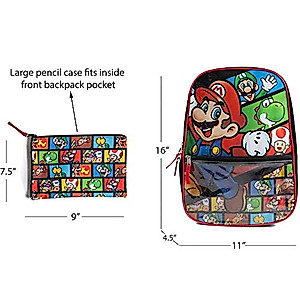Super Mario Backpack with Lunch Box Set for Boys & Girls, 16 inch, 5 Piece Value Set