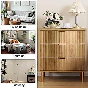 GarveeHome Natural Dresser, Modern 3 Drawer Dresser for Bedroom with Gold Handle and Large Drawer, Wood Double Chest of Drawers and Storage Organizer for Living Room, Hallway, Entryway