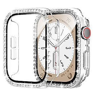 Cuteey 2 Pack Bling Case with Tempered Glass Screen Protector for Apple Watch Series 9 8 & Series 7 41mm, All Round Full Protective Hard PC Cover Bumper for iWatch 8 7 Accessories,Clear+Clear