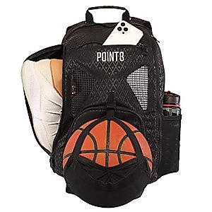 POINT3 New Road Trip Tech Backpack - Basketball Backpack with Waterproof Laptop Sleeve - Every Compartment You Need for Ball, Gear, Shoes, Books & Laptops (Black)