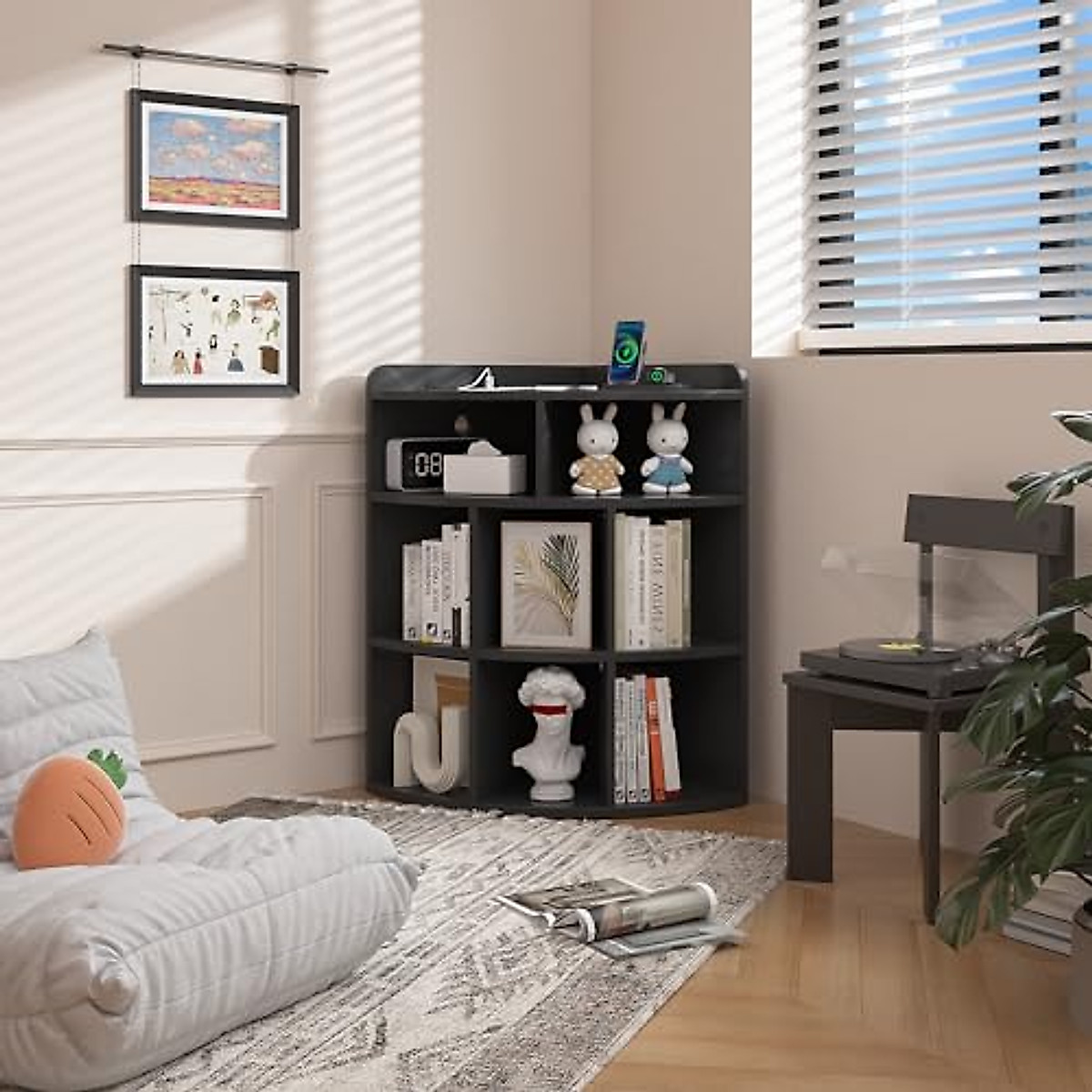 Vecelo 3-Tier Corner Cabinet with USB Outlet, 8 Cubbies Wooden Cube Storage Organizer, Corner Bookshelf Units for Playroom, Bedroom, Living Room, Black