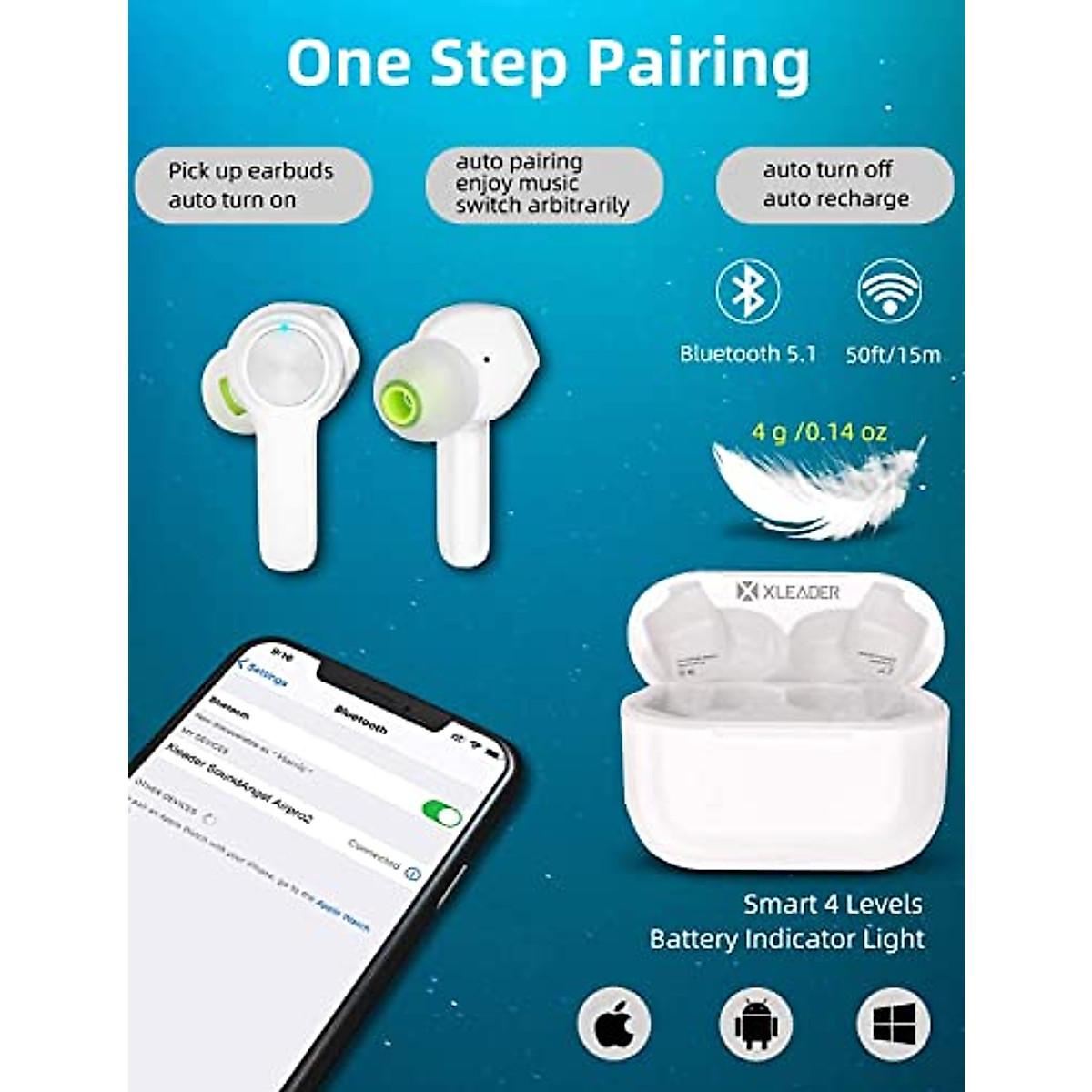 [Pearl White] Bluetooth Earbuds XLeader Pro Smart Touch Wireless Earphones with HiFi Bass USB-C Charging Case Mic 48H Playtime 6 pairs Ear Tips and Pouch Headphones for iPhone Sports Girl Working Gift