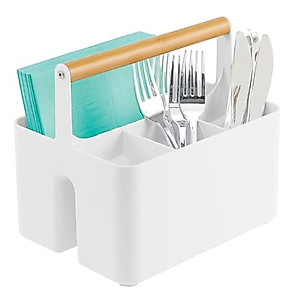 mDesign Plastic Portable Storage Organizer Kitchen Caddy Tote, Divided Bin w/Wood Handle for Napkins, Silverware, Forks, Knives, Spoons - Store in Cabinets, Counters - Aura Collection - White/Natural