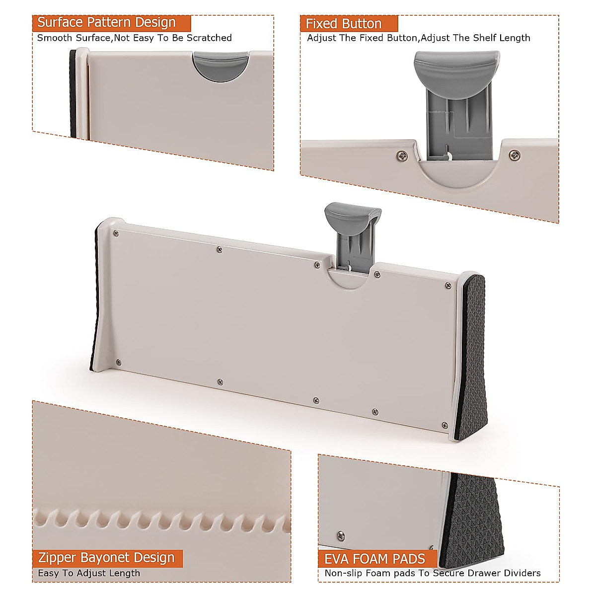 APOCHON 5 Pack Adjustable Drawer Dividers, 4" High, 11-17" Long, Dresser Drawer Divider for Bedroom, Closet, Kitchen, Nursery Organization, Office, Strong & Sturdy Hold, Soft Foam Edges,Beige