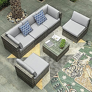 YITAHOME 6 Pieces Patio Furniture Set, Outdoor Sectional Sofa PE Rattan Wicker Conversation Set Outside Couch with Table and Cushions for Porch Lawn Garden Backyard, Grey