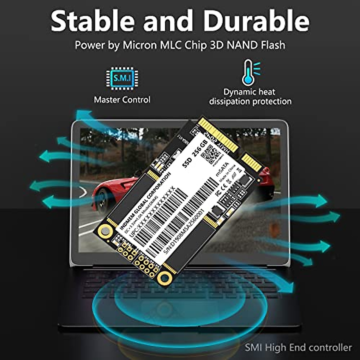 INDMEM mSATA SSD 256GB Internal Mini SATA III SSD Micro-SATA TLC 3D NAND Flash 256 GB