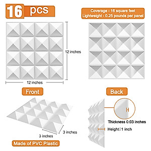 TroyStudio Acoustic Sound Diffuser Panels, 12 X 12 X 1 inches 16 Pcs PVC Plastic Wall Panel, Recording Studio Acoustical Treatments Diffusion panel, 3d Art Decorative Ceiling Tiles (Pyramid, White)