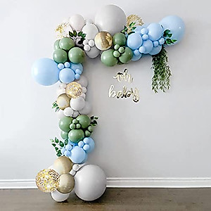 Sage Green and Blue Balloon Garland Kit with Arch Kit, 18 10 5 inch Balloons in Matte Olive Eucalyptus, Dusty Light Blue, White, Gold Confetti, Baby Shower Birthday Wedding Bridal Party Decorations