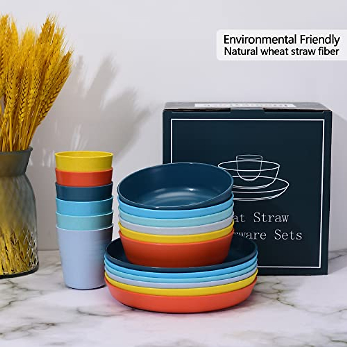 Kids Plates Bowls and Cups Sets Wheat Straw Small Bowl Sets Unbreakable Microwave Dishwasher Safe Dinnerware Sets for Rice,Soup ,Pasta，Corn Flake ，Snacks，Side Dishes[Set of 18]