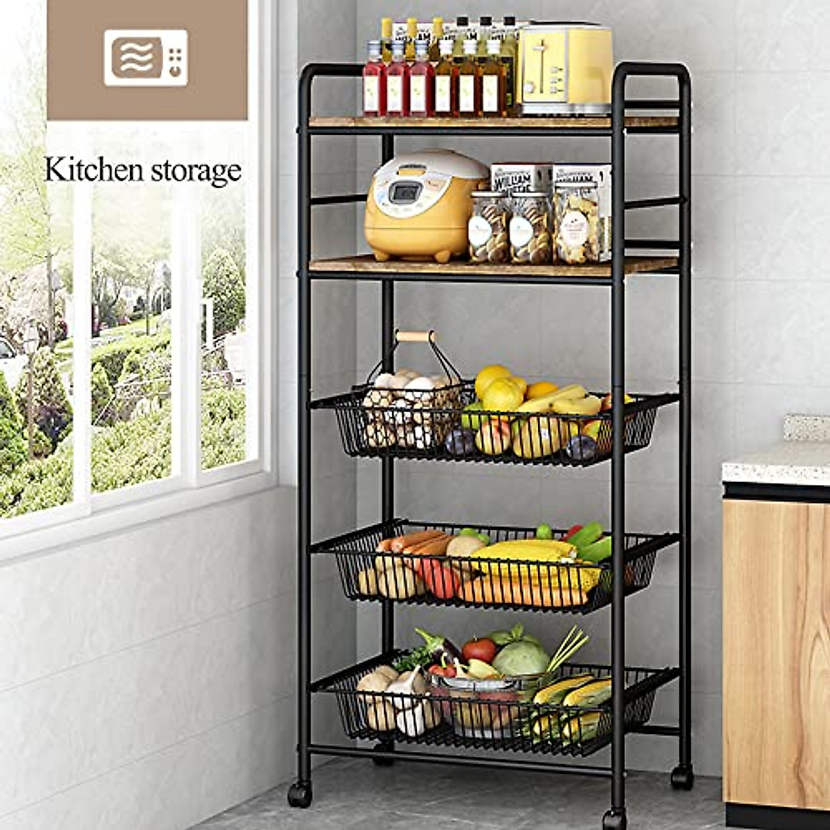 MOAMUN Kitchen Storage Rolling Cart 5-Tier Kitchen Rack Metal Standing Shelf Storage Shelving Unit Organizer for Kitchen Bathroom Garage Pantry