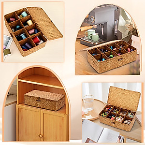 ELLDOO Tea Bags Box with Lid, Wicker Rattan Sugar Packet Holder Coffee Station Condiment Organizer Countertop Storage Desk Baskets for Pantry Coffee Bar Shelves, 8 Grids