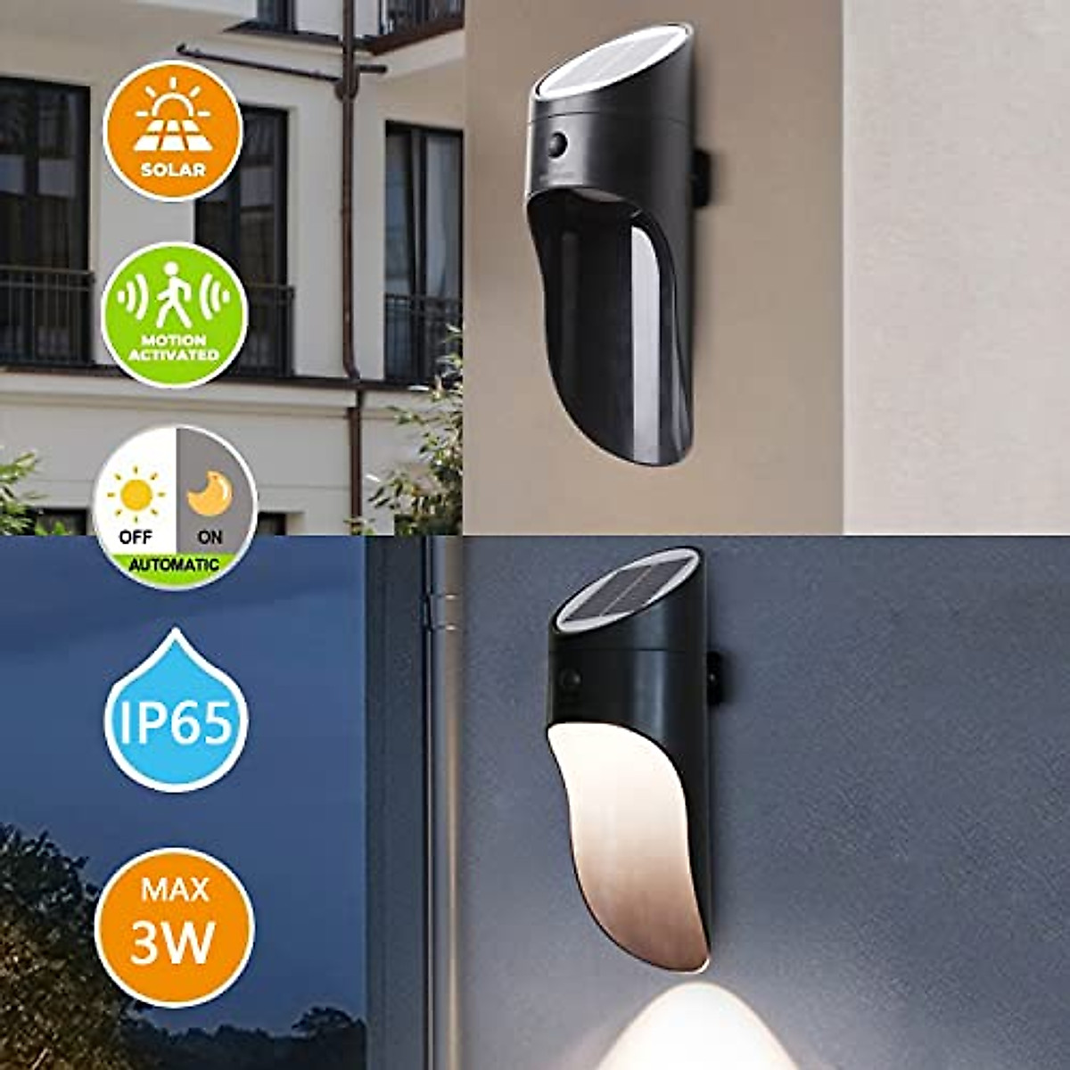 DILIN Solar Motion Sensor Outdoor Wall Light, IP65 Waterproof LED Modern Wall Sconce for Porch, Garden, Patio, Front Door, Cordless, Black, 3000K