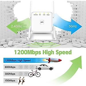 WiFi Repeater - 1200Mbps WiFi Range Extender Wireless Signal Repeater Booster, Dual Band 2.4G and 5G Expander, 4 Antennas 360° Full Coverage, Extend WiFi Signal to Smart Home Devices（AK1206 White）