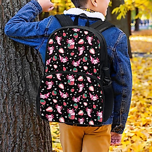 Parprinty Cartoon Strawberry Axolotl Backpack for Girls Durable Sturdy Lightweight 17" Cute School Backpack Teen Girls Kids Black Bookbag Double Zipper Aesthetic Casual Daypack with Front Pocket