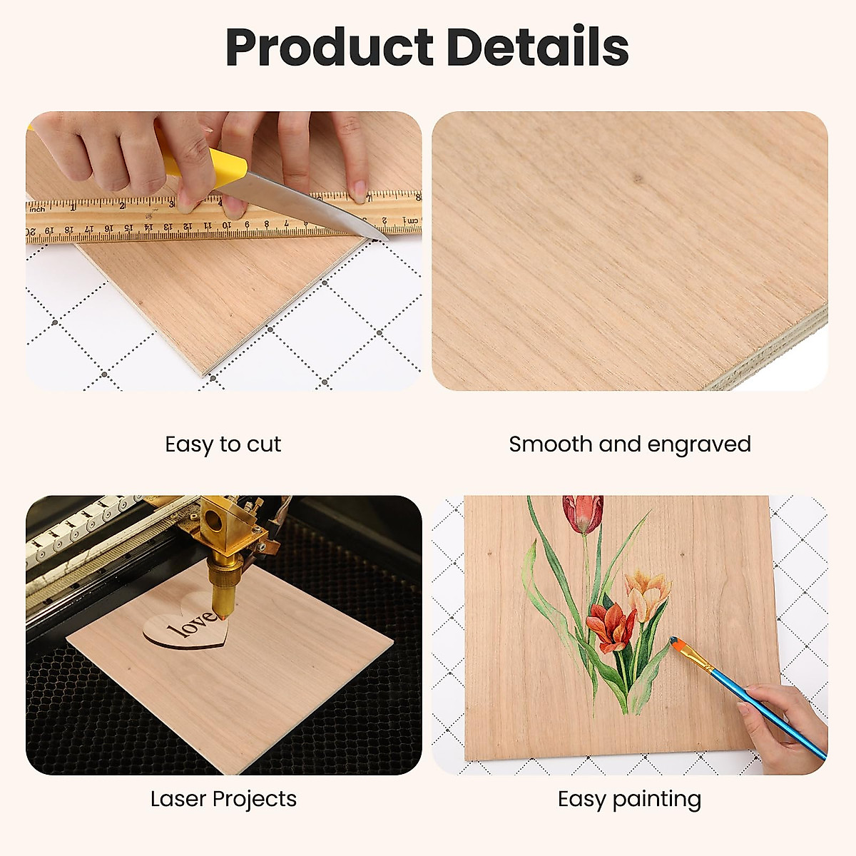 Geetery 16 Pcs 12 x12 Cherry Plywood Sheets 1/4 Unfinished Wood Sheets for Crafts 6.5mm Thin Plywood Wood for Laser Cutting and Engraving, Cutting, Painting, Fretwork, DIY School Projects