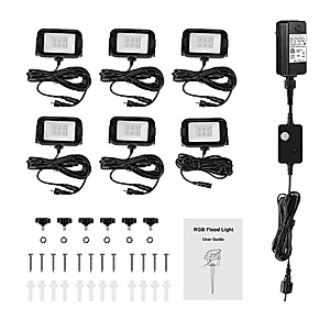 Ucomeuni Outdoor LED Flood Light 6 in 1 Color Changing LED Lighting 12V Landscape Lights with UL Adapter IP66 Waterproof Garden Pathway Light with Metal Spike Stand for Yard, Lawn, 6 Pack, Black