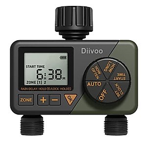 Sprinkler Timer 2 Zone, Diivoo Programmable Water Hose Timer 2 Outlet for Garden, Automatic Irrigation Timer IP54 with Rain Delay/Manual/Auto Mode, Outdoor Hose Timer Controller for Lawn, Yard, Pool