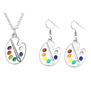 Unique Charm Paint Palette Dangle Earrings Necklace Set Paint Brush Drop Earrings Colorful Paint Palette Drop Earrings for Women Artist Painter Jewelry