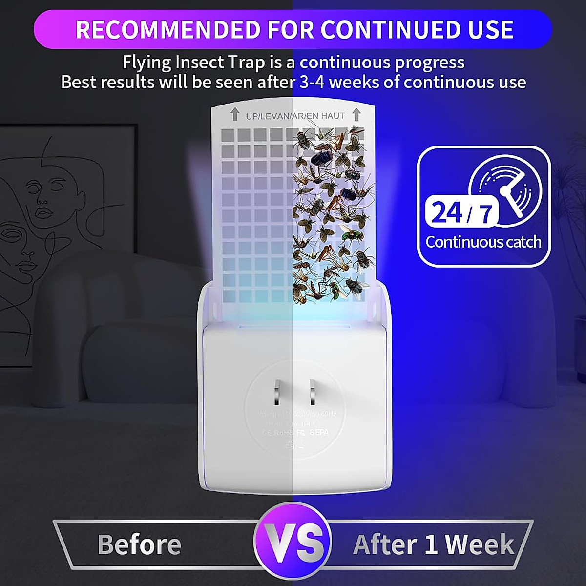 Frogoom Flying Insect Trap, Fruit Fly Traps for Indoors Gnat, Mosquito, Moth and Housefly, Plug-in Bug Light UV Attractant Catcher Fly Traps Indoor for Home Office - No Odor (1 Device + 5 Glue Cards)