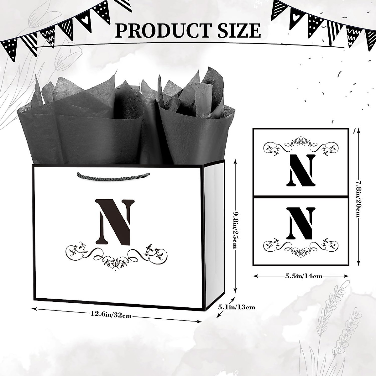 Letter Gift Bag with Wrapping Tissue for Men Women Boy Girl, 12" Large White Black Paper Bag for Birthday Anniversary Baby Shower Wedding Party - Single N