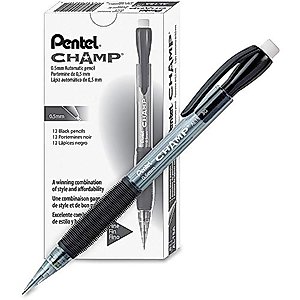 Pentel Champ Pencil, Automatic Pencil, 0.5mm Lead Size, Black Barrel, Box of 12 (AL15A)