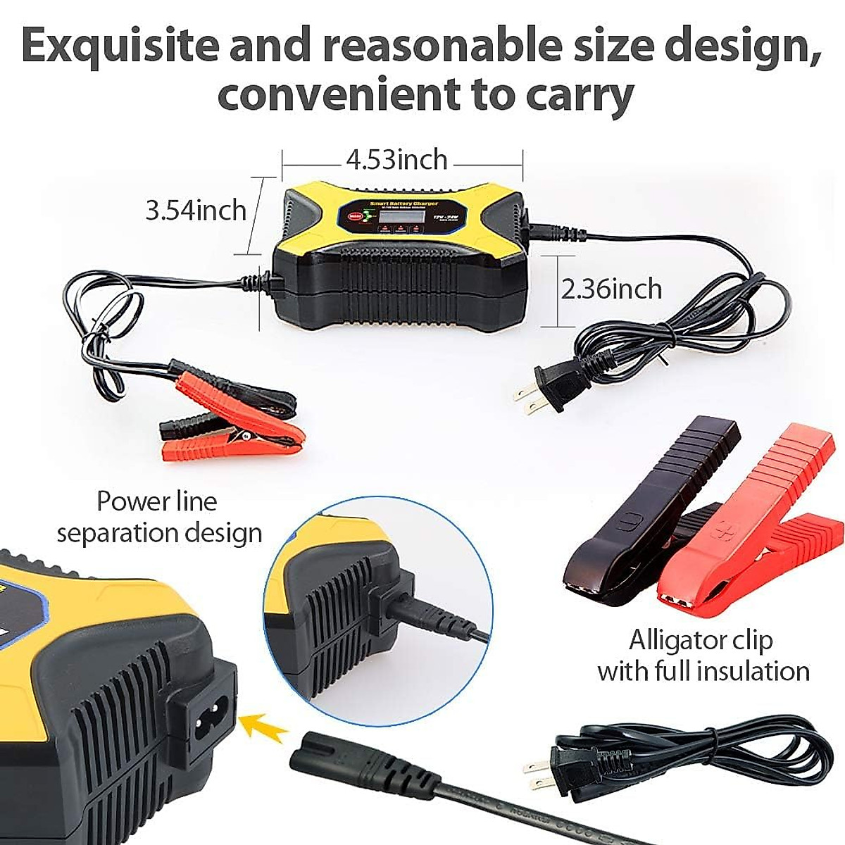 Katbo Battery Charger 12V 24V 6-Amp Auto-Voltage Detection Lead Acid Battery Float Charger Maintainer with LCD Display for Motorcycle Car