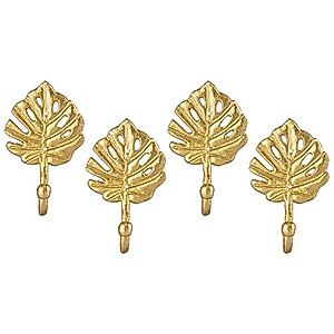 MyGift Vintage Gold Leaf Design Wall Hanging Hooks, Metal Monstera Leaves Wall Mounted Entryway Storage Coat Hooks, Set of 4 - Handcrafted in India