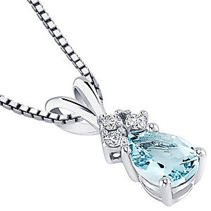 PEORA Aquamarine with Genuine Diamonds Pendant in 14 Karat White Gold, Dainty Teardrop Solitaire, Pear Shape, 7x5mm