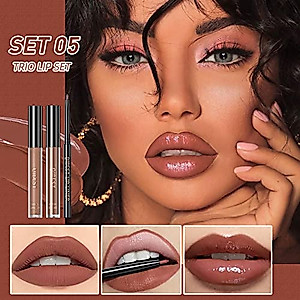 ZAMANIYA 3 In 1 Lip Gloss Set With Matte Lipstick ,Moisturizing Lip Gloss And 2mm Lip Liner Liquid Lipstick Long Lasting Makeup Lip Plumping Lipstick Lipgloss Soft And Smooth Like Cream (05 - Maple Leaf Red-Brown)