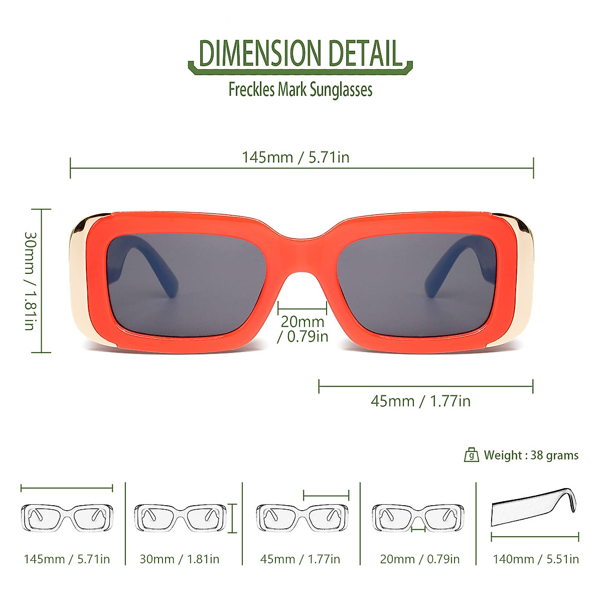 Freckles Mark Rectangle Retro Sunglasses for Men Women Vintage Square Glasses Disco Accessories (Red/Green)