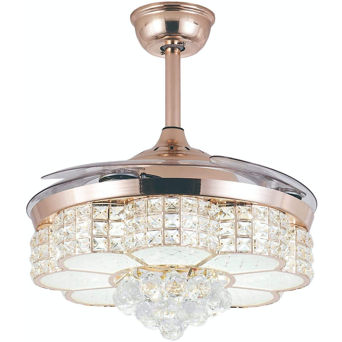 OUKANING 42inch Crystal Chandelier Ceiling Light LED 4 Acrylic Automatic Retractable Crystal Fan Blade Ceiling Lamp for Living Room Dining Room Hall Rose Gold