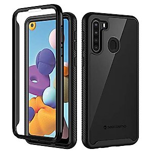 seacosmo Case for Samsung A21, Full Body Shockproof Cover [with Built-in Screen Protector] Slim Fit Bumper Protective Phone Case for Samsung Galaxy A21 - Black/Clear