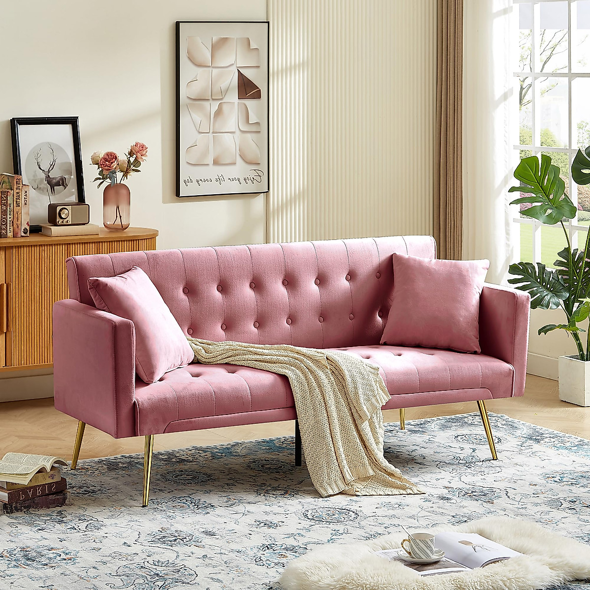 Anwick 72" Modern Velvet Sofa Bed Futon,Convertible Folding Sleeper Bed Couches with 3 Adjustable Backrests,Tufted Recliner Loveseat with Golden Chrome Legs for Small Living Room Office (Pink)