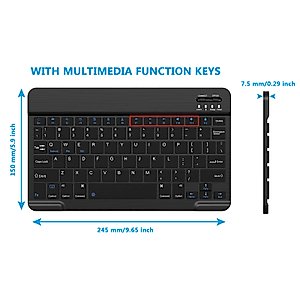 Ultra-Slim Small Bluetooth Keyboard, Portable Rechargeable External Cordless Wireless Keyboard for Android Tablet Cell Phone Samsung Smartphone iPad Mini Air Pro iPhone Windows Surface (Black)