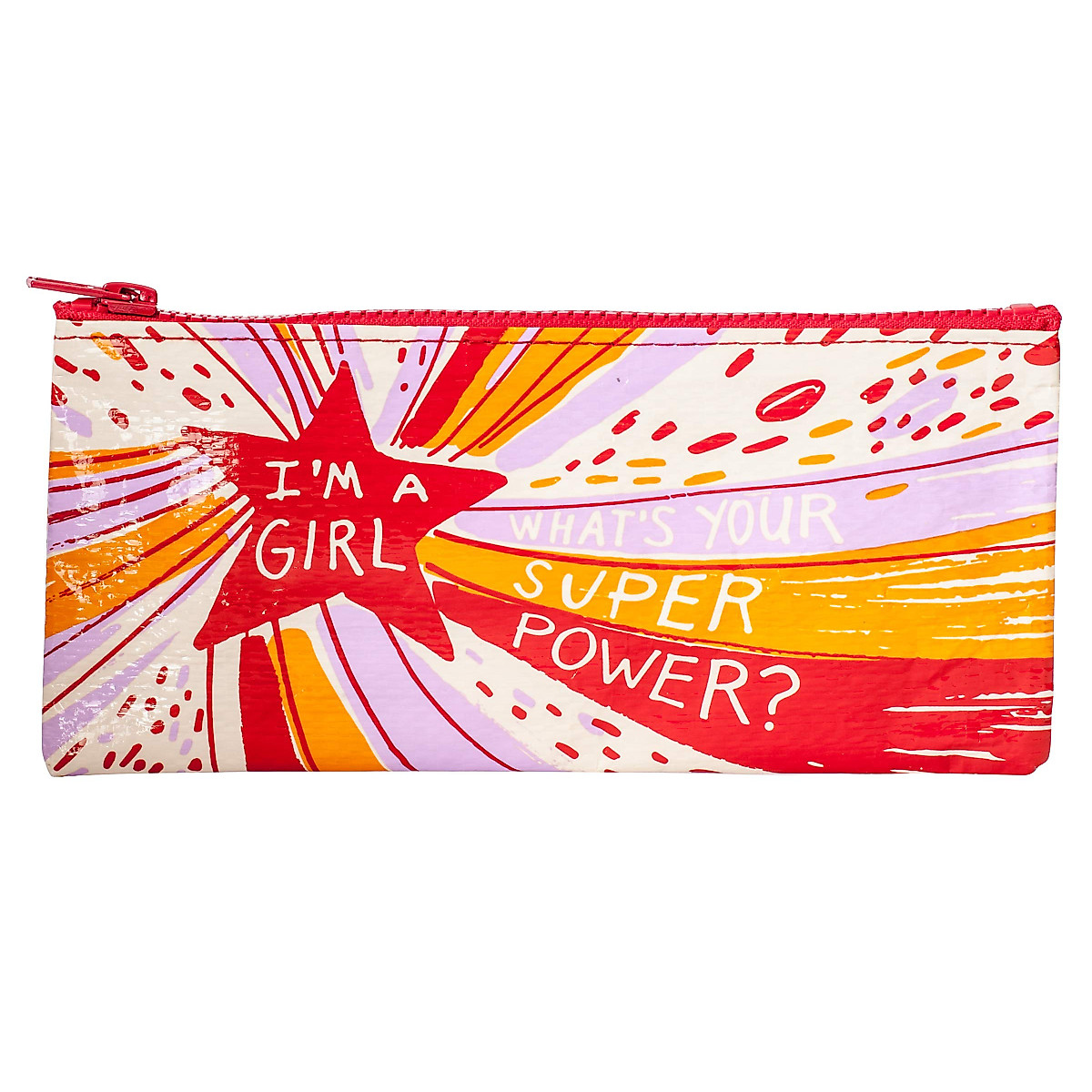Blue Q Pencil Case - I'm a Girl, What's Your Super Power? Hefty zipper, sturdy and easy-to-wipe-clean, 95% recycled material, measures 4.25"h x 8.5"w