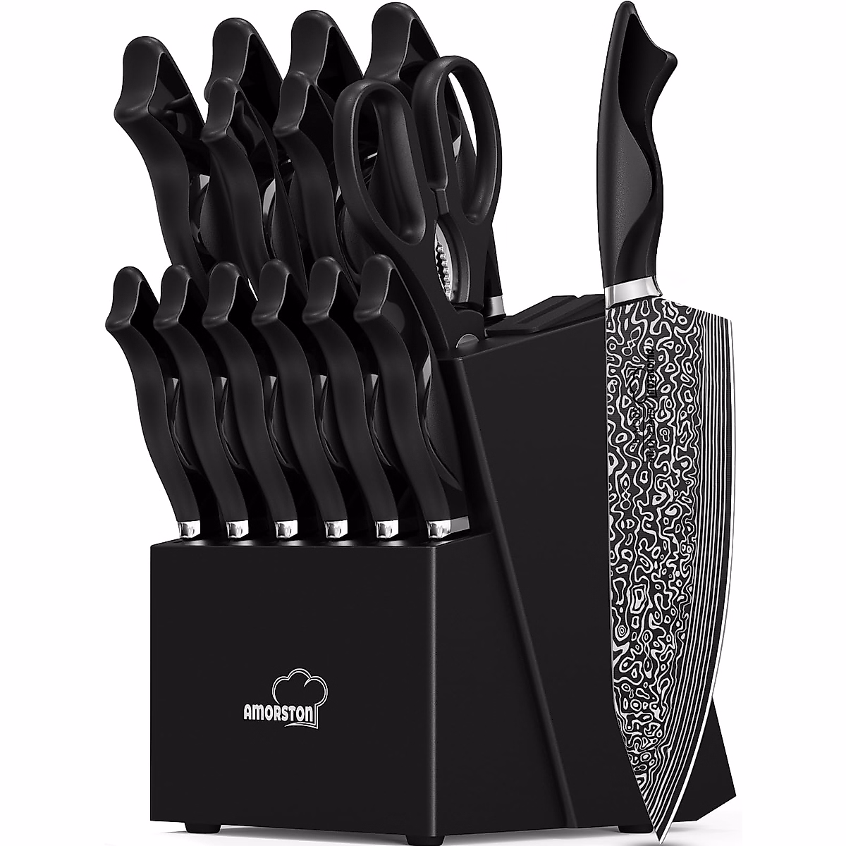Knife Set, 15 Pieces Kitchen Knife Set with Built in Sharpener, High Carbon German Stainless Steel Knife Block Set, Dishwasher Safe