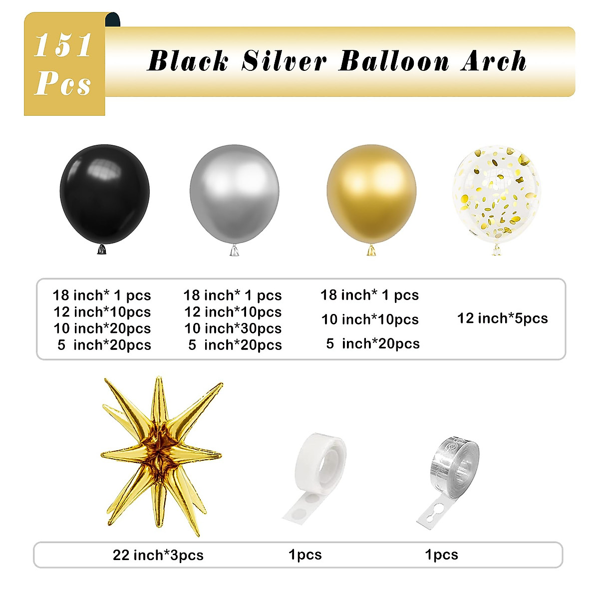 Deiiom Black Gold Balloons Arch Garland Kit-Metallic Silver Balloon Chrome Latex Balloon Gold Explosion Star Foil Balloon 151Pcs for Birthday,Graduation,Gender Reveal,Baby Shower Party Decorations.