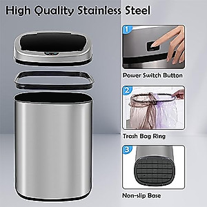 13 Gallon Stainless Steel Trash Can, Automatic Motion Sensor, Large Metal Electric Touchless Tall Trash Bin with Lid, Smart Garbage Cans for Kitchen Room Office